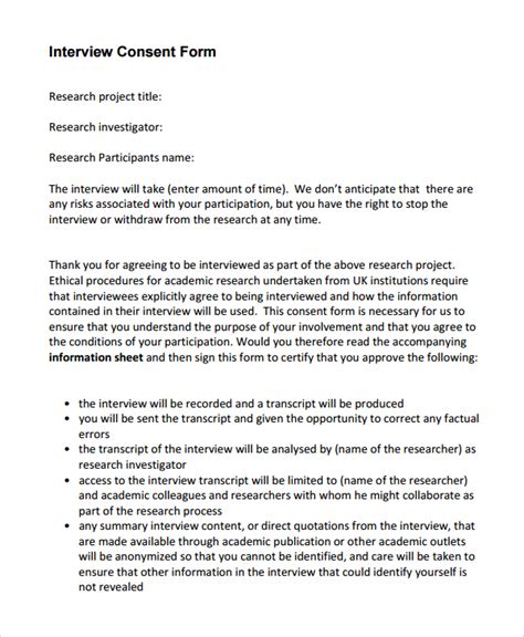 Free 9 Sample Interview Consent Forms In Ms Word Pdf