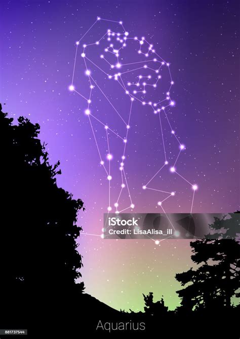 물병자리 조디악 별자리 갤럭시와 뒤에 공간 아름 다운 밤하늘에 숲 풍경 실루엣으로 서명합니다 깊은 우주 배경에 물병자리 별자리 기호 별자리입니다 0명에 대한 스톡 벡터 아트