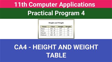 11th Computer Applications Practical Program 4 Height And Weight Table Cmway Youtube