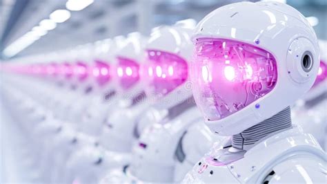 Futuristic Robots With Pink Glowing Eyes In A High Tech Environment Stock Image Image Of
