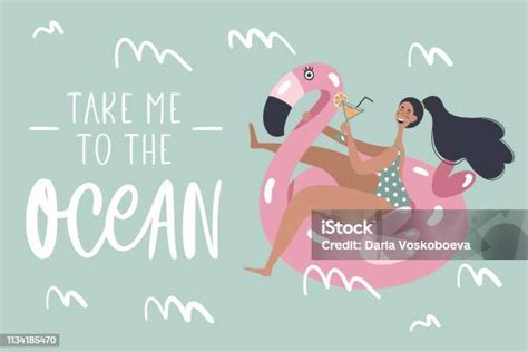 손으로 그린 핑크 플라밍고 플 로트 서클 수영 소녀와 여름 카드 바다로 나를 데리고 손으로 쓴 문구와 함께 유행 플랫 만화 캐릭터 공기 주입에 대한 스톡 벡터 아트 및 기타