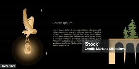 벡터 템플릿 신비와 엘프 테마 다리와 검은 배경에 램프와 비행 올빼미 배너 복사 공간 초대 카드 또는 배너 및 포스터 방문 페이지 꼬마 요정에 대한 스톡 벡터 아트 및 기타