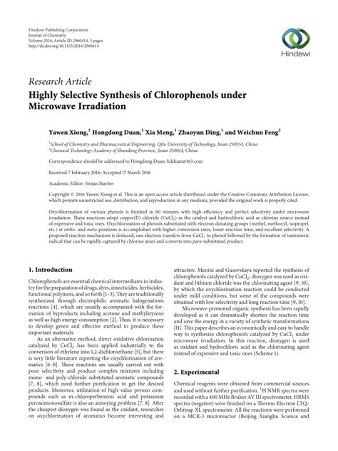Pdf Highly Selective Synthesis Of Chlorophenols Under Microwave Irradiation