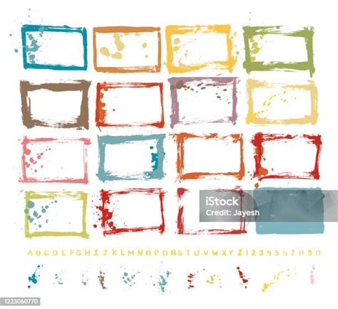 그래픽 디자인 필수 요소 실제 스캔 텍스처 브러시 스트로크 페인트 방울 및 스텐실 알파벳 세트로 페인팅 된 페이지 테두리 고해상도 Jpeg 및 그룹화 된 벡터 파일이
