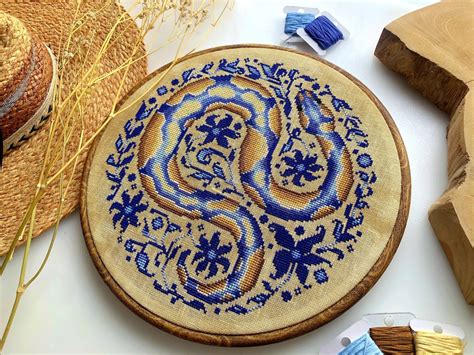 Pretty Python Snake Cross Stitch Pattern Delft Blue Flowers And