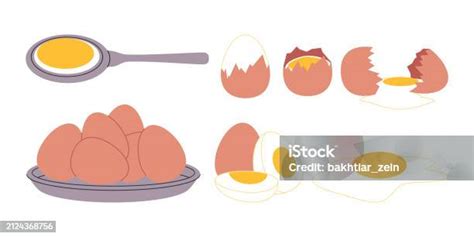 계란 요리 세트 삶은 계란 후라이와 금이 간 계란 요리 건강 한 식사 갈색에 대한 스톡 벡터 아트 및 기타 이미지 갈색