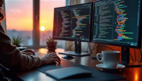 Programmer Working At Workstation With Multiple Screens Displaying Code Sunset Through Window