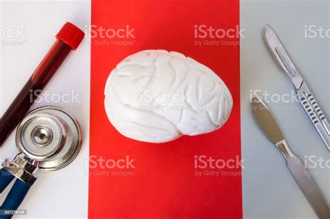 실험실 혈액과 흰색 배경 빨강에 두뇌의 모델 회색 두 메스에서 청진 기 튜브를 테스트 신경외과뇌의 질병의 수술 치료 및 진단의 컨셉 사진 개념에 대한 스톡 사진 및 기타