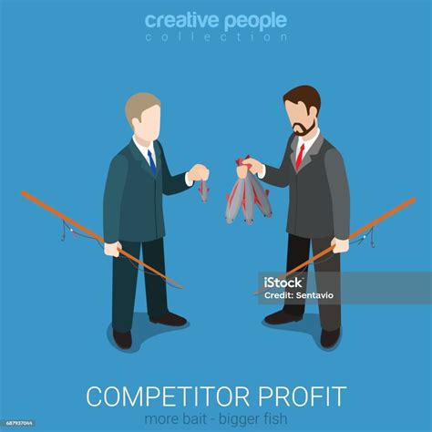 등각 투영 평면 3d 스타일 경쟁 이익을 비교 개념 웹 인포 그래픽 벡터 일러스트 레이 션 두 사업가 다른 물고기를 잡고입니다