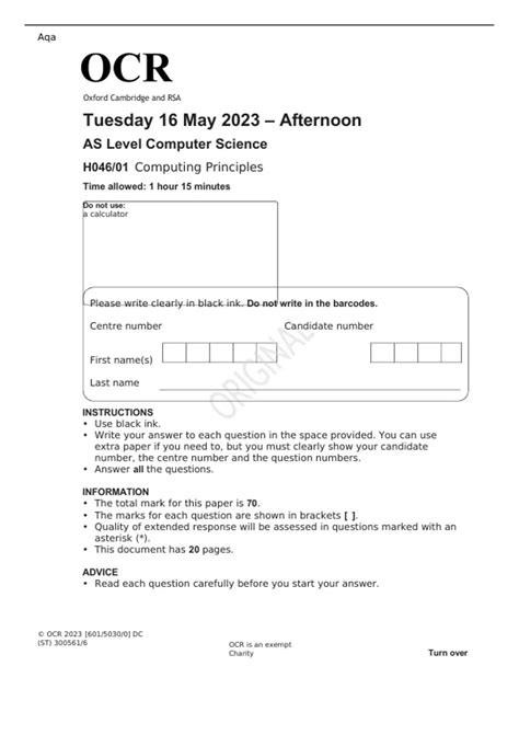 Ocr As Level Computer Science H046 01 June 2023 Question Paper Computing Principles As Level