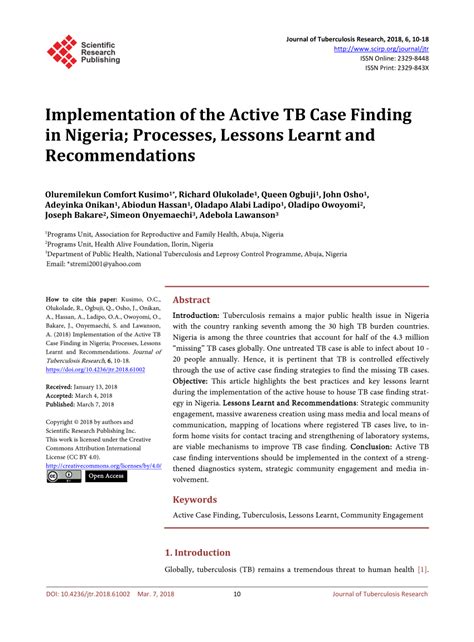 Pdf Implementation Of The Active Tb Case Finding In Nigeria Processes Lessons Learnt And