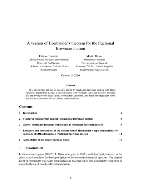 Pdf A Version Of Hörmanders Theorem For The Fractional Brownian Motion