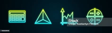 선 계산기 기하학적 도형 사면체 그래프 일정 차트 다이어그램 및 Xyz 좌표계를 설정합니다 빛나는 네온 아이콘입니다 벡터 0명에