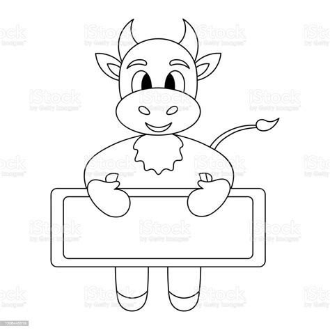 황소 작은 고비 어린 소가 발에 빈 포스터를 들고 있다 텍스트에 배치합니다 스케치 벡터 그림입니다 격리된 흰색 배경의 윤곽선입니다 어린이를위한 색칠 공부책 낙서 스타일