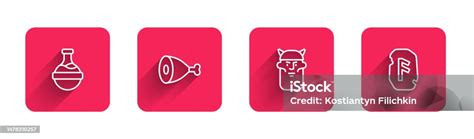 물약이 있는 병 세트 닭 다리 바이킹 머리 긴 그림자가 있는 마법 룬 빨간색 사각형 버튼 벡터 0명에 대한 스톡 벡터 아트 및 기타 이미지 Istock