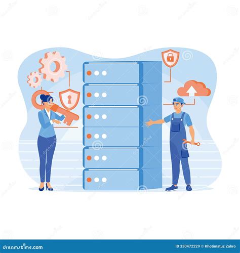Technicians Perform Maintenance In A Data Center Woman Holding Key Server Security Concept