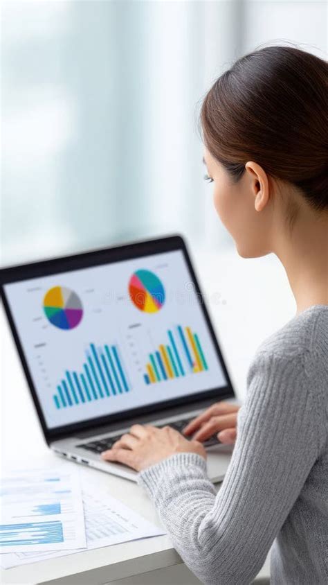 Woman Analyzing Data On Laptop With Charts And Graphs Displayed Stock Illustration
