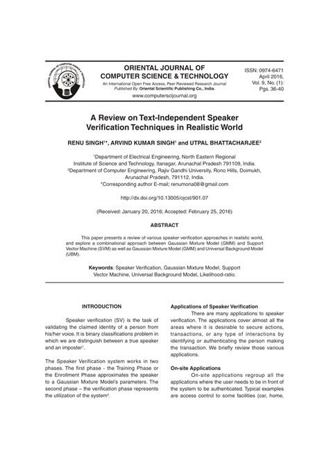 Pdf A Review On Text Independent Speaker Verification Techniques In Realistic World