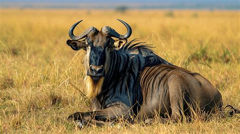 African Gnu While Resting On Grass Background Gnu Wildebeest Blue Background Image And