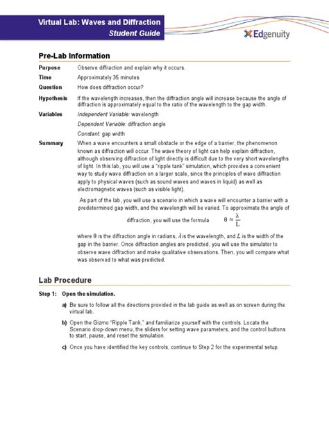 Virtual Lab Guide Waves And Diffraction Sg Pdf Diffraction Wavelength