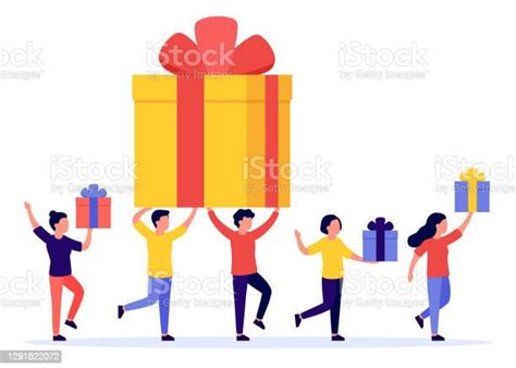 선물 상자와 행복한 사람들의 그룹 보상 상금 경품 보너스 추천 프로그램 벡터 일러스트레이션 개념에 대한 스톡 벡터 아트 및 기타 이미지 Istock