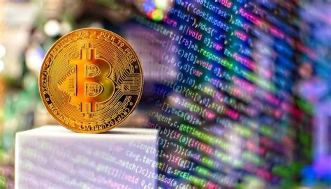 Premium Photo Blockchain Technology Bitcoin Mining Concept Bitcoin Golden Coin On Computer