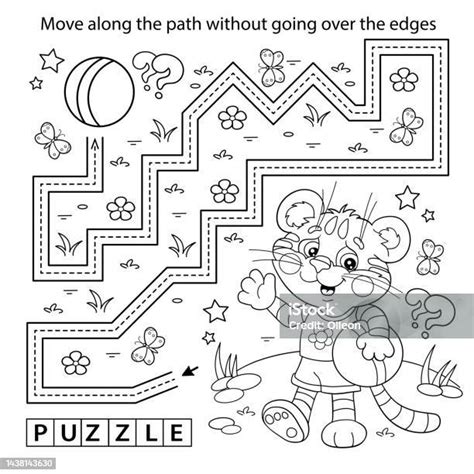 필기 연습 시트 간단한 교육 게임 또는 미로 공을 가진 만화 작은 호랑이 새끼의 색칠 공부 개요 아이들을위한 색칠하기 책 새끼 호랑이에 대한 스톡 벡터 아트 및 기타 이미지