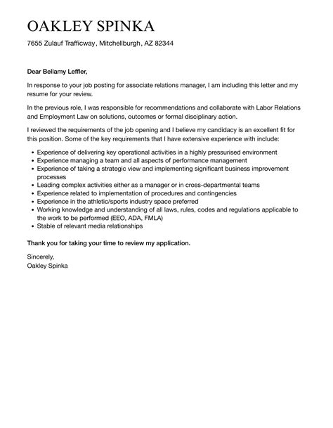 Associate Relations Manager Cover Letter Velvet Jobs