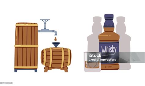 위스키 또는 위스키를 아이스 큐브와 함께 유리에 붓고 나무 배럴 벡터 세트에 보관 술 마실 것에 대한 스톡 벡터 아트 및 기타 이미지 술 마실 것 발효 소독용 알코올