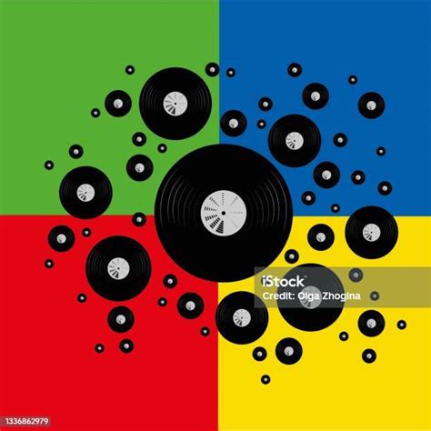 팝 아트 뮤지컬 복고풍 벽지 음악의 출판 및 인쇄를위한 흩어져 디스크의 그림의 혼란 방식으로 비닐 레코드에서 예술 락 음악에 대한 스톡 벡터 아트 및 기타 이미지 Istock
