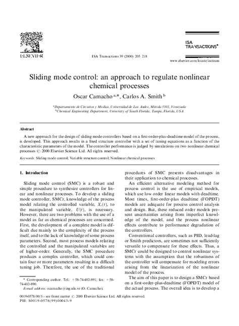 Pdf Sliding Mode Control An Approach To Regulate Nonlinear Chemical Processes