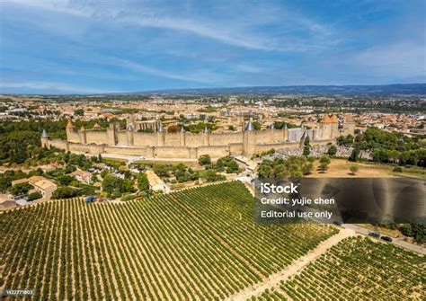 Aerial Top View Of Carcassonne Medieval City And Fortress Castle From