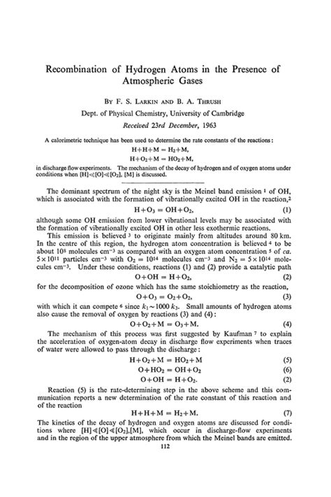 Recombination Of Hydrogen Atoms In The Presence Of Atmospheric Gases Discussions Of The