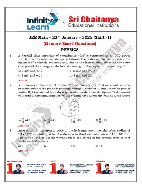 Jee Mains 2025 Shift1 Question Paper With Solutions Pdf Physical Sciences Physical Chemistry