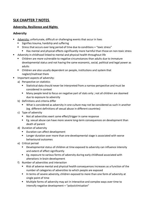 SLK Chapter Notes Based On The Textbook Used SLK CHAPTER NOTES Adversity Resilience And