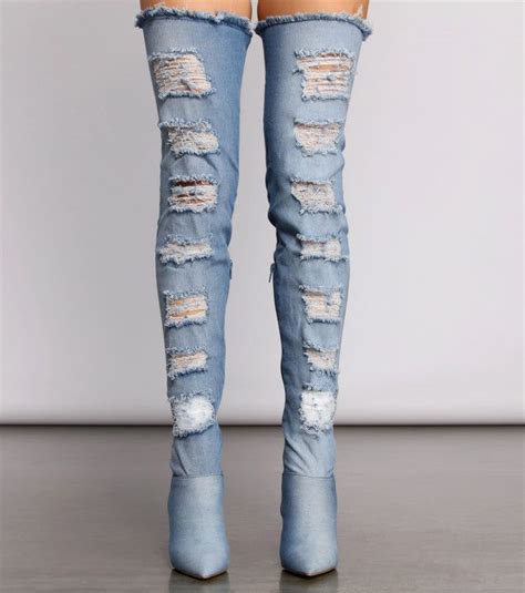 destructed denim over the knee heeled boots destructed denim basic mini dress over the knee