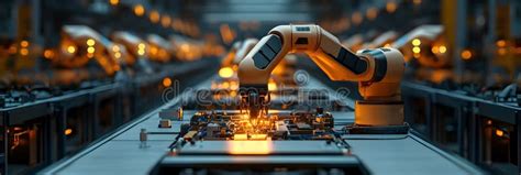 Robotic Arm Meticulously Assembling A Circuit Board On A Conveyor Belt In A Futuristic Highly