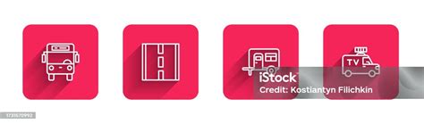 긴 그림자가 있는 노선 버스 도로 Rv 캠핑 트레일러 및 Tv 뉴스 자동차를 설정합니다 빨간색 사각형 버튼입니다 벡터 거리에 대한 스톡 벡터 아트 및 기타 이미지 Istock