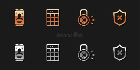 Set Mobile And Face Recognition Password Protection Cyber Security And Shield With Cross Mark