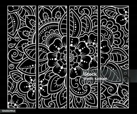 책 인쇄 책 갈피 색칠 꽃 무늬가 있는 흑백 라벨 세트로 핸드 드로우는 멘디 스타일로 그립니다 색깔의 연필을 가진 어린이와 성인의 창의력을위한 장식품의 스케치 검은색에 대한