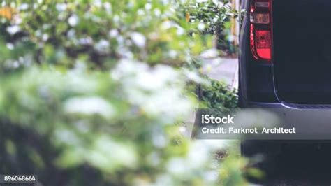 근접 촬영 이미지의 빨간 꼬리 빛으로 부시 주변 거리에 주차 된 검은 차 녹색 자연 배경 흐림 4x4 자동차에 대한 스톡 사진 및 기타 이미지 Istock