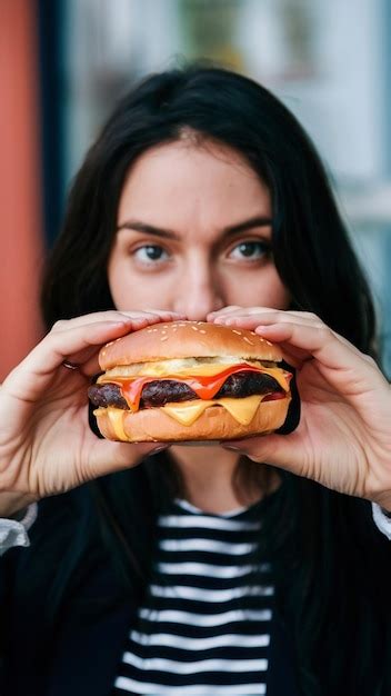 Girl Holds Juicy Cheeseburger Premium Ai Generated Image