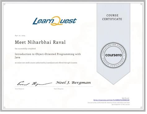 Meet Raval On Linkedin Java Objectorientedprogramming Learnquest Coursera Certification