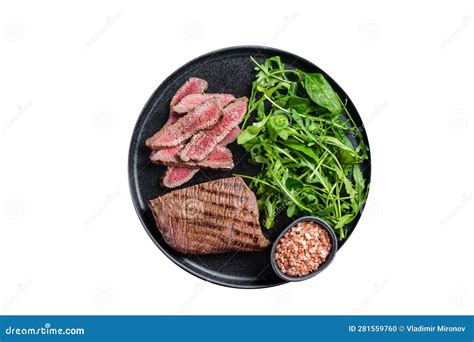 Bbq Grilled Skirt Steak On A Plate With Green Salad Isolated On White
