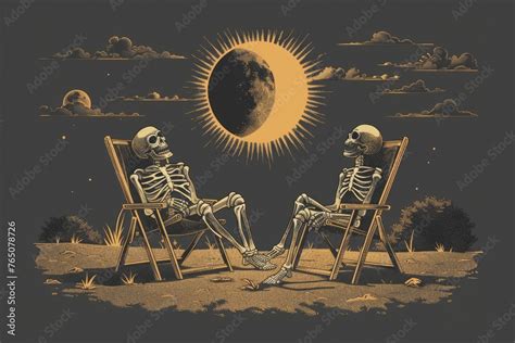 Two Skeletons Sitting In Lawn Chairs Watching A Total Solar Eclipse Stock Illustration Adobe Stock