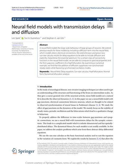 Pdf Neural Field Models With Transmission Delays And Diffusion