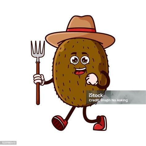 피치 포크 귀여운 키위 과일 농부 캐릭터 과일 문자 아이콘 개념 격리 플랫 만화 스타일 프리미엄 벡터 감귤류 과일에 대한 스톡