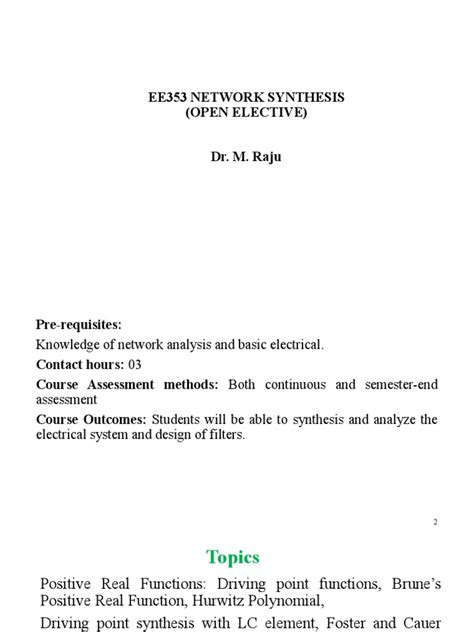 Ee353 Network Synthesis Open Elective Dr M Raju Pdf Electronic Filter Mathematical