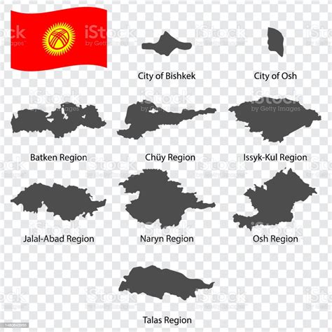 9지도 키르기스스탄의 지역 이름과 알파벳 순서 지역의 모든 단일 지도는 나열되고 문구와 제목으로 격리됩니다 키르기스스탄 주당순절 10 0명에 대한 스톡 벡터 아트 및 기타
