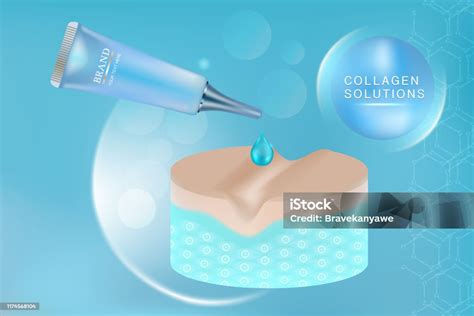뷰티 제품 광고 디자인 콜라겐 용액 광고 배경이있는 파란색 화장품 용기 고급 스킨 케어 배너 일러스트 벡터 개념에 대한 스톡 벡터 아트 및 기타 이미지 Istock